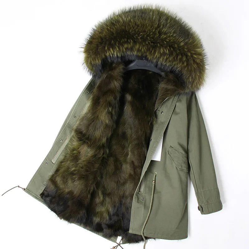 OFTBUY Women's Real Fur Animal Winter Jacket Parka Raccoon Fur Animal Collar, Loose Army Green ...