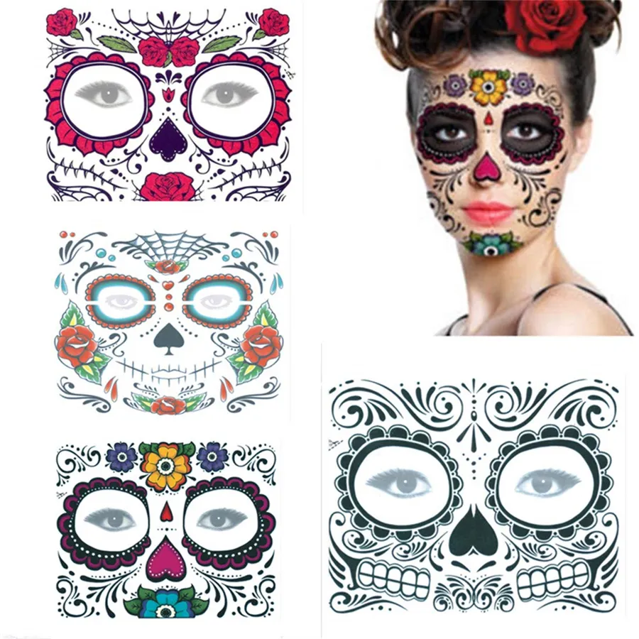Halloween Face Tattoos Day Of The Dead Skull Face Mask Stickers ...