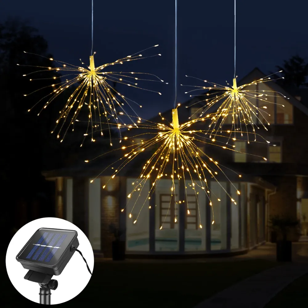 Solar Outdoor Light Strings Firework Style Copper Wire LED Festive ...