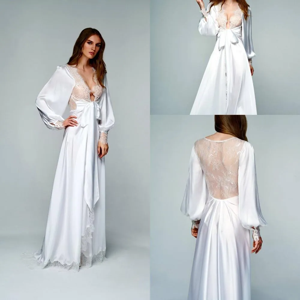 Customized White Satin Silk Wedding Robes For Women V Neck Long Sleeve ...
