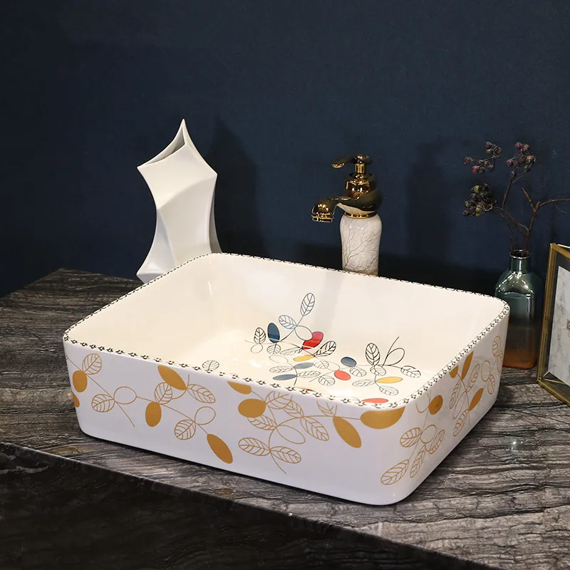 Artistic Rectangular Ceramic Bathroom Sink - Leaf Pattern Porcelain ...