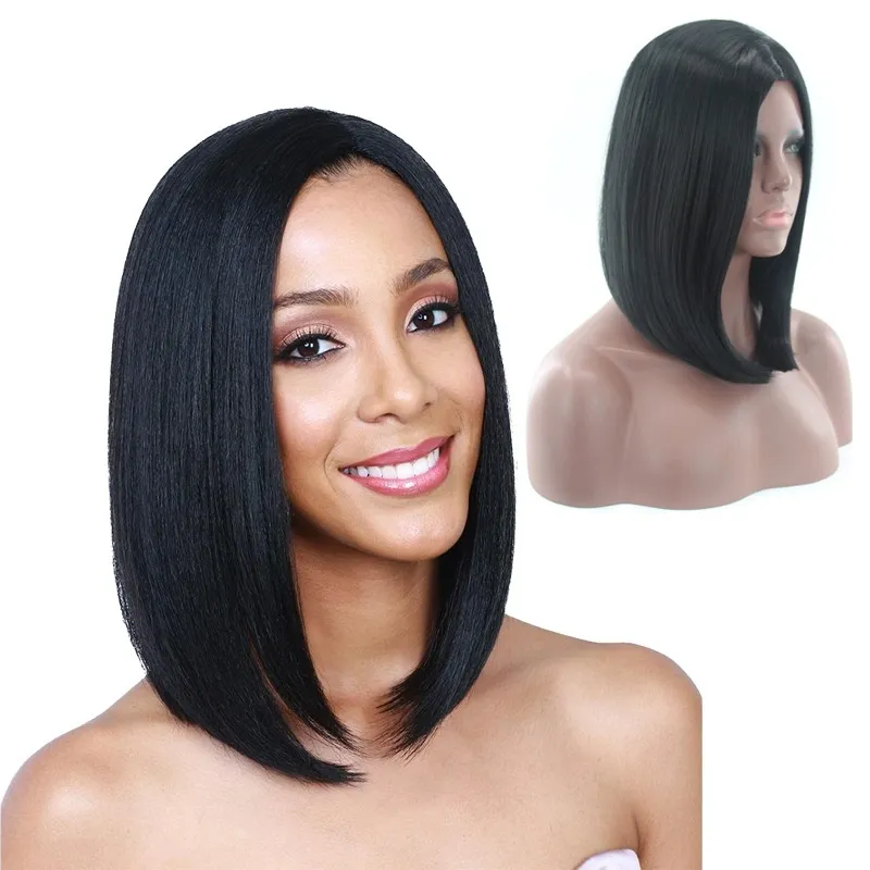Short Black Bobo Wig With Split Bangs: Stylish Straight Synthetic Hair ...