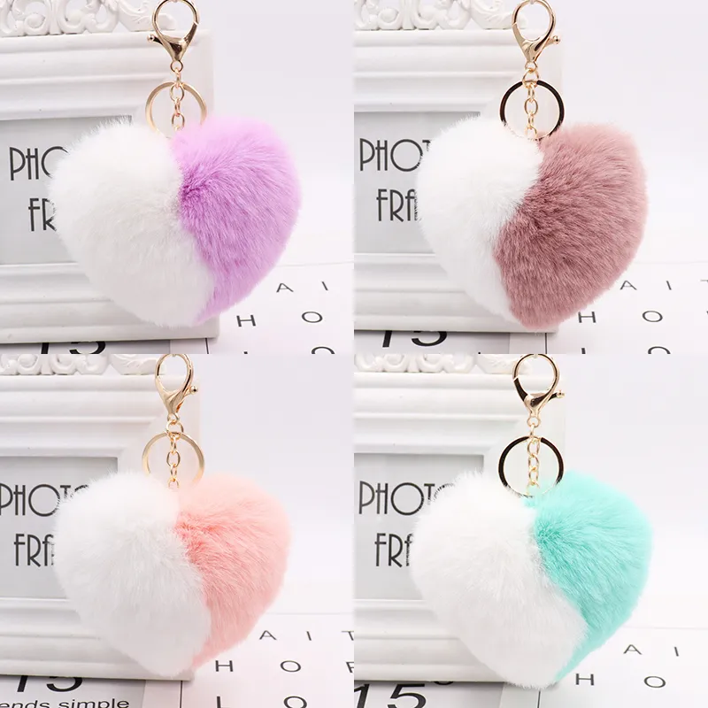 Fluffy Heart Pom Pom Keychain Faux Rabbit Fur Ball Key Chains For Women ...