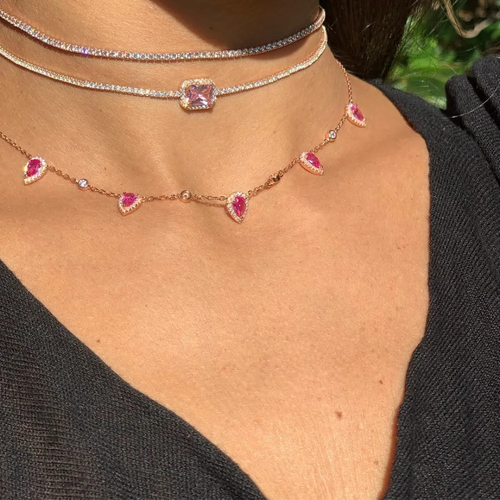 Boho Tear Drop CZ Link Chain silver choker necklace in Pink and Rose ...