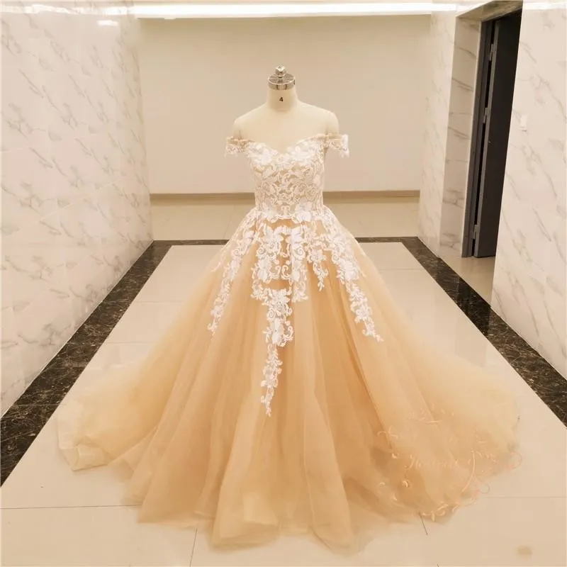 Champagne Lace Wedding Dress Off-Shoulder Tulle with Lace Applique ...