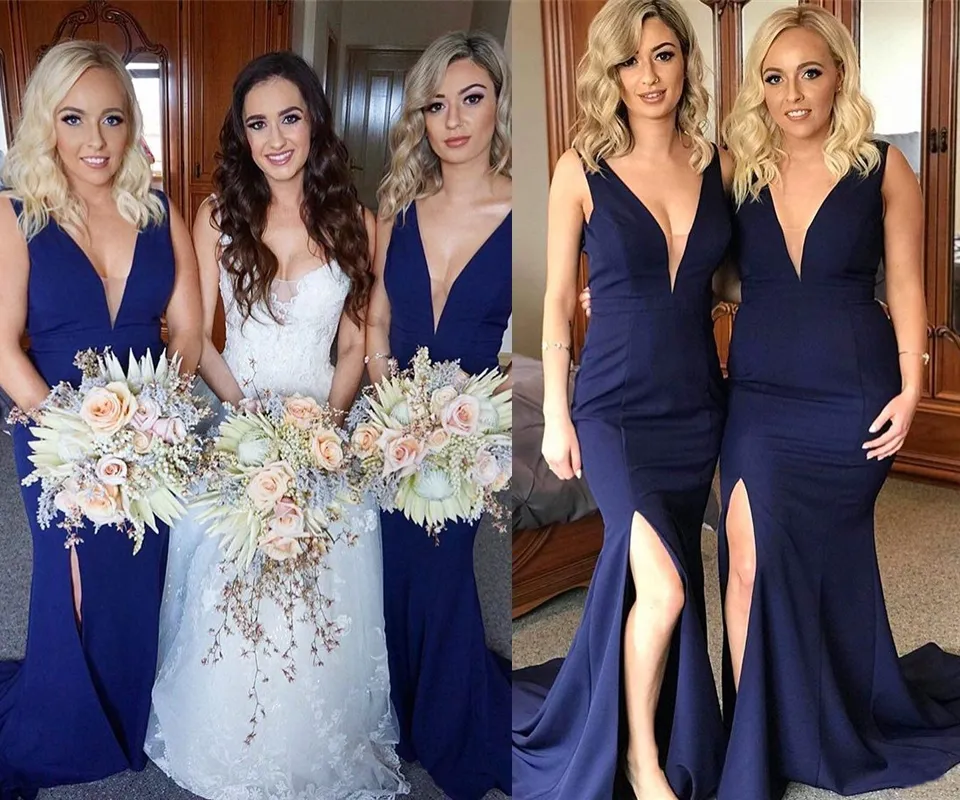 Navy Blue Mermaid Bridesmaid Dress Sheath V-Neck Floor-Length Trumpet ...