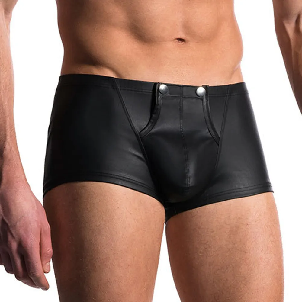 Mens Faux Leather Sweater Open Crotch Boxers With U Convex Pouch Sexy