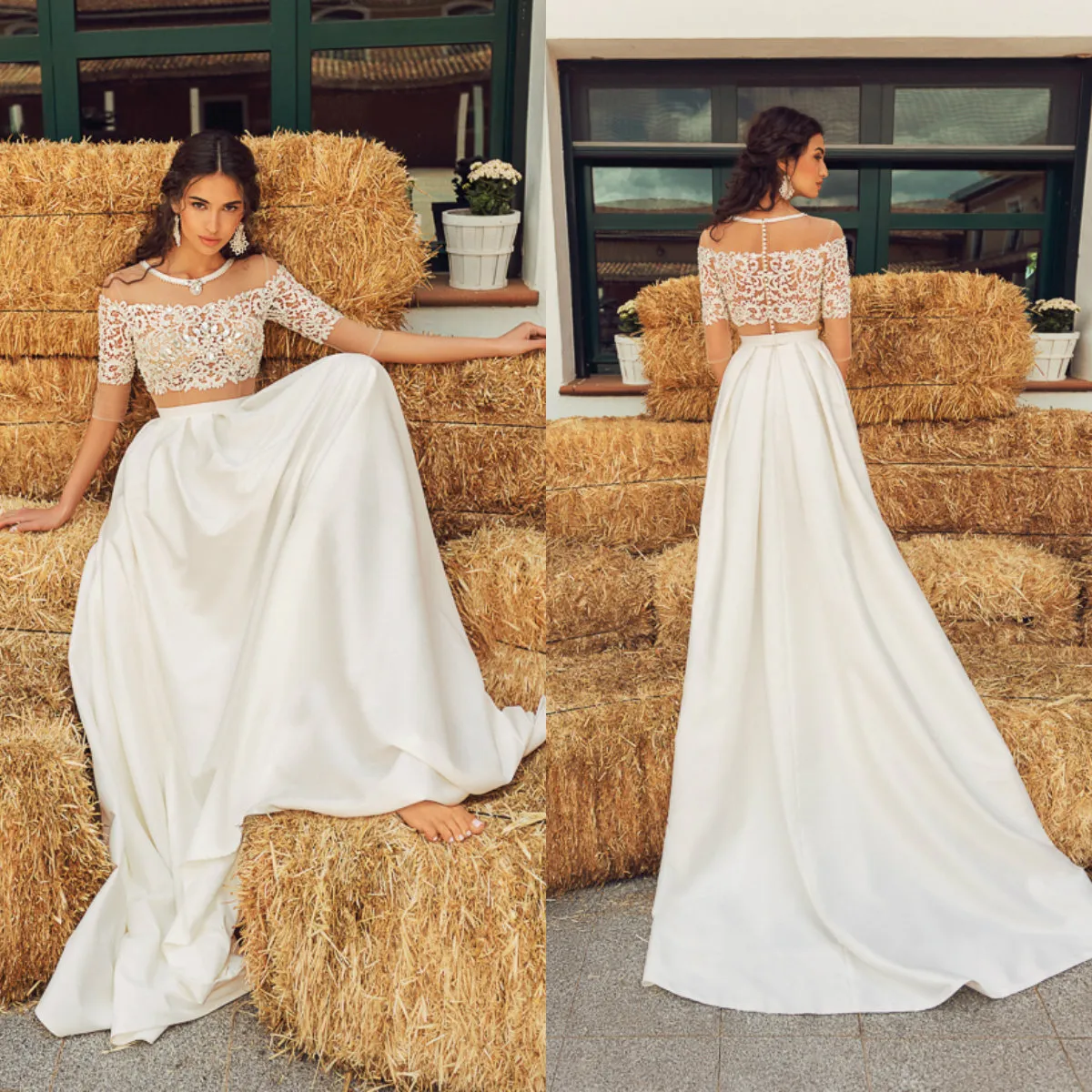 A Line Floral Lace Wedding Dress Satin Jewel Neckline 1/2 Illusion ...