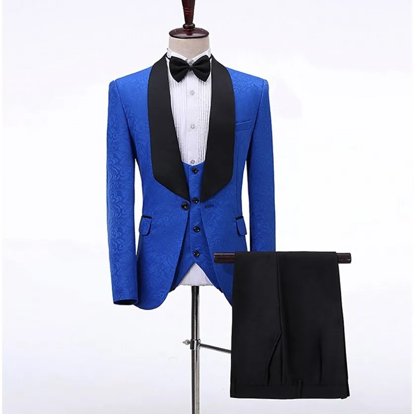 Wedding Tuxedos For Men Royal Blue Pattern Black Shawl Lapel Groomsmen ...
