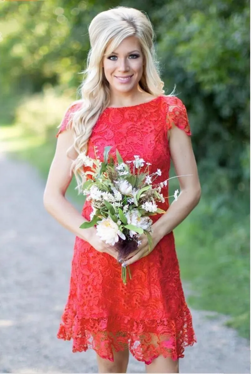 Country Style Red Lace Red Lace Bridesmaid Dresses With Crew Neck, Cap ...