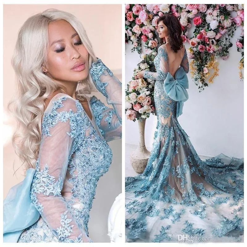 Backless Lace Mermaid Blue Lace Prom Dress With Sheer Neckline, Long ...