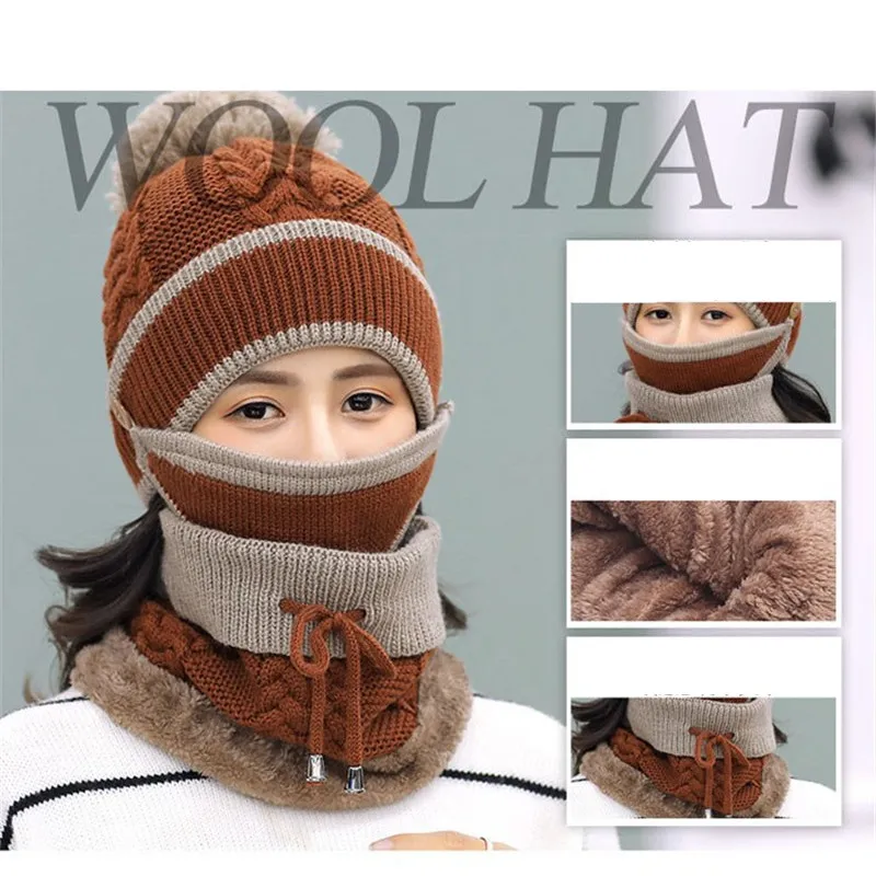 Women's Winter Warm Scarf Cap Set with Face Mask, Knitted Hat with Pom ...