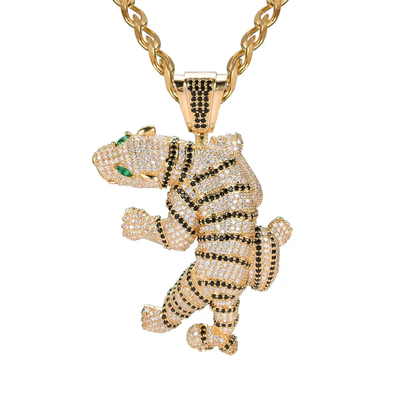 Gold & Silver Tiger Pendant Necklace with Cuban Chain - Iced Out CZ Men ...