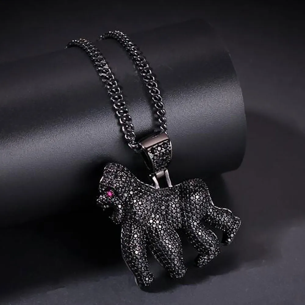 Iced Out Ape Pendant Necklace - 14K Gold Plated, Cubic Zirconia, 24 ...