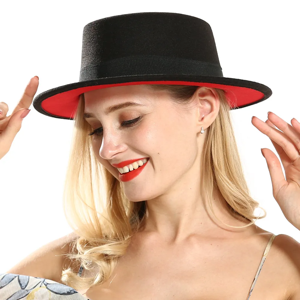 Outer Black Inner Red Flat Brim Sombreros Flat Top Felt Boater Hat ...