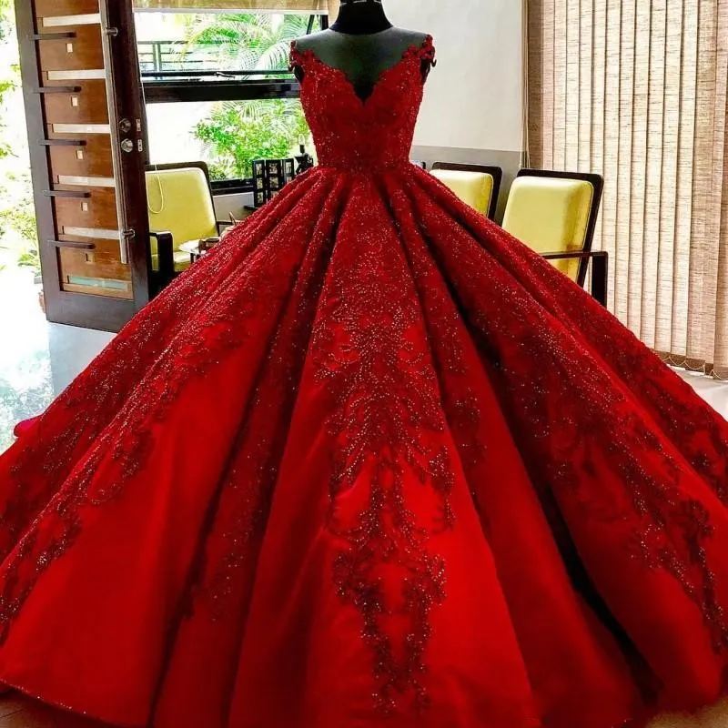 Luxury Dark Red Ball Gown Dresses Sweetheart Lace Appliques, Crystal ...