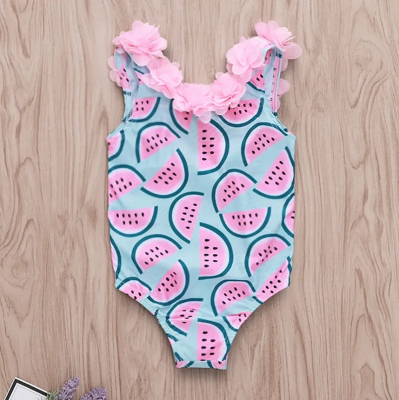 INS Girls Swimwear One Piece Watermelon Print Swimsuit With Petal Lace ...