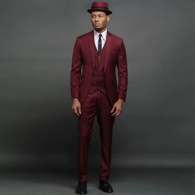 Burgundy Notched Lapel Three Piece Prom Suit For Men Long Sleeve ...
