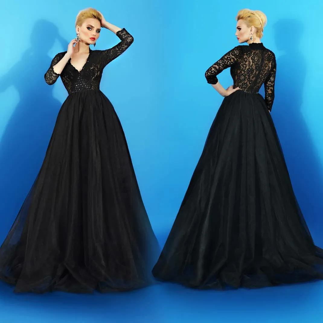 Long Sleeve Prom Gowns: Elegant Black Formal Dress With 3/4 Sleeves, V ...