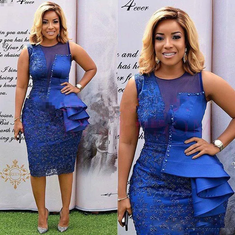 Royal Blue Plus Size Prom Dresses With Peplum Crew Neck Cocktail Party ...