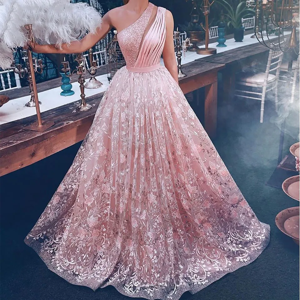 One-Shoulder Pink Lace Satin Evening Dress Long A-Line Sweep Train ...