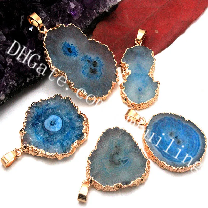 Gold Plated Wrapped Quartz Stone Pendant Flower Stalactite Druzy Slice ...