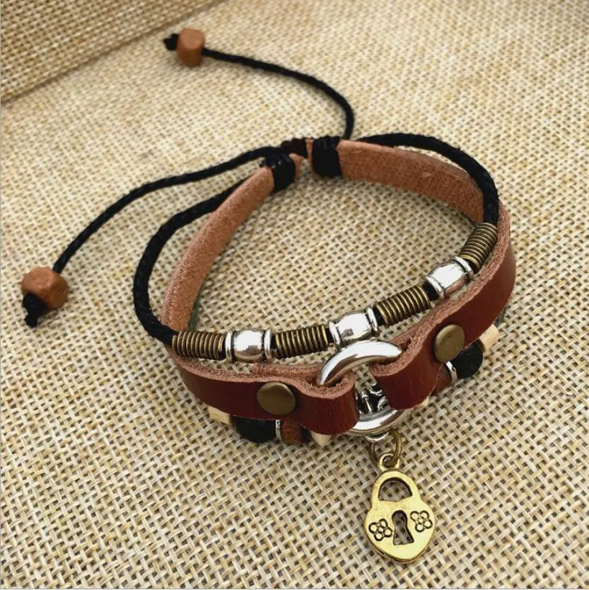 Couple bracelets leather alloy lock and key pendant bangles with ...