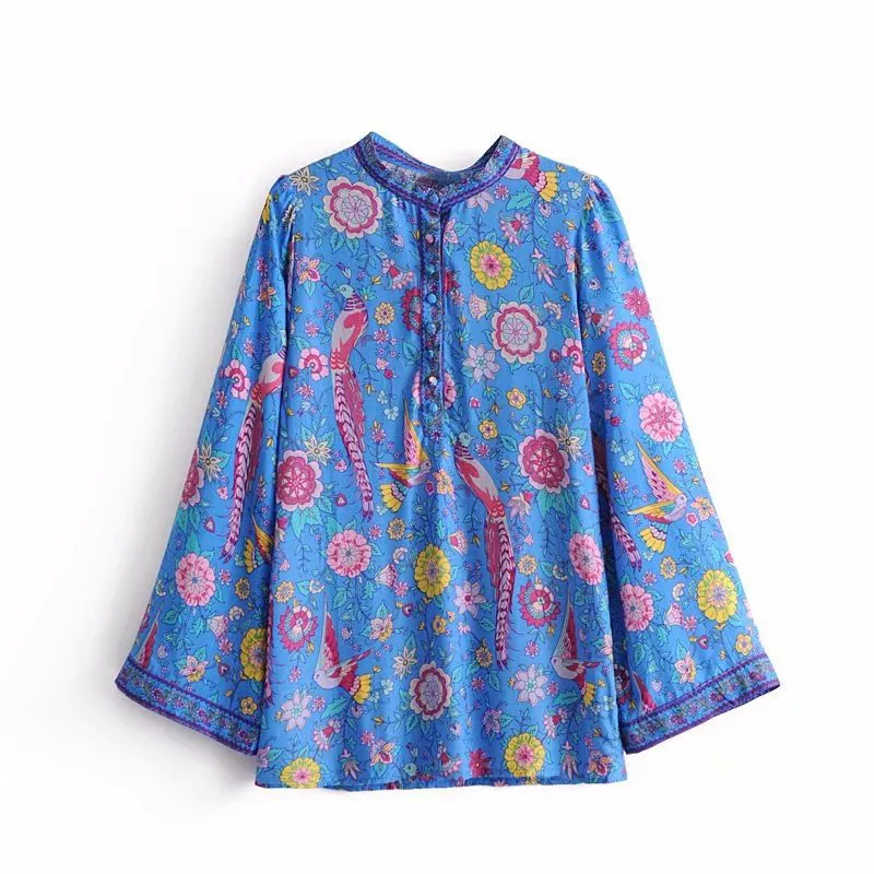 Teelynn Red Boho Blouse With Birds And Floral Print Vinatge O Neck