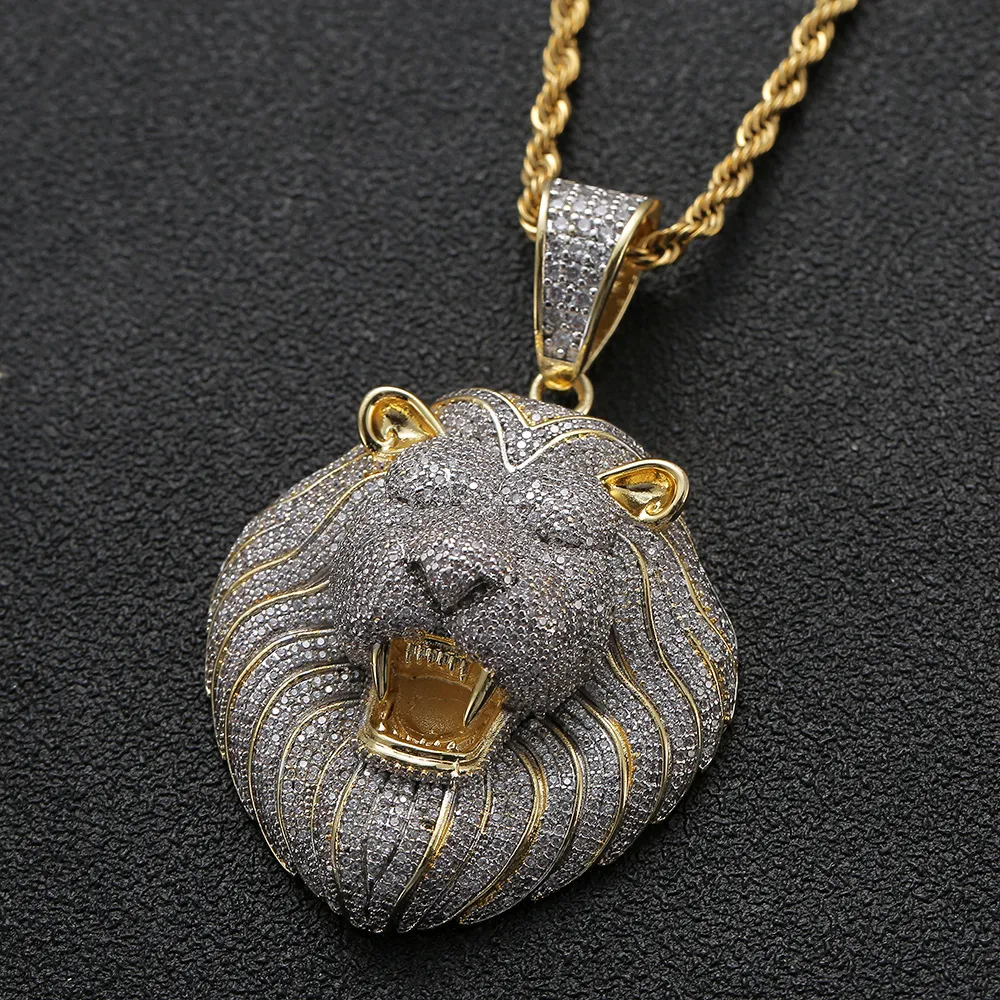 Iced Out Micro Pave Cubic Zirconia Lion Head Pendant Necklace Hip Hop ...