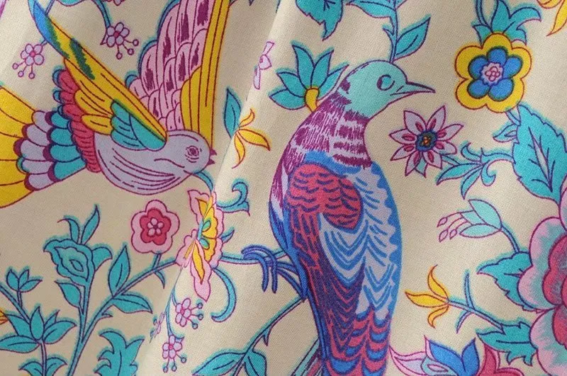 Teelynn Red Boho Blouse With Birds And Floral Print Vinatge O Neck