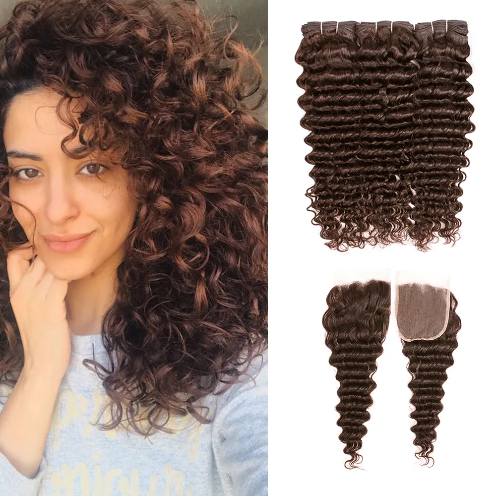 8A Deep Curly Wave Bundles With Closure #4 Medium Brown Brazilian ...