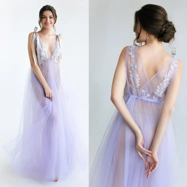 Sexy Night Gown Illusion Tulle Robe Deep V Neck Applique Long Bridal ...
