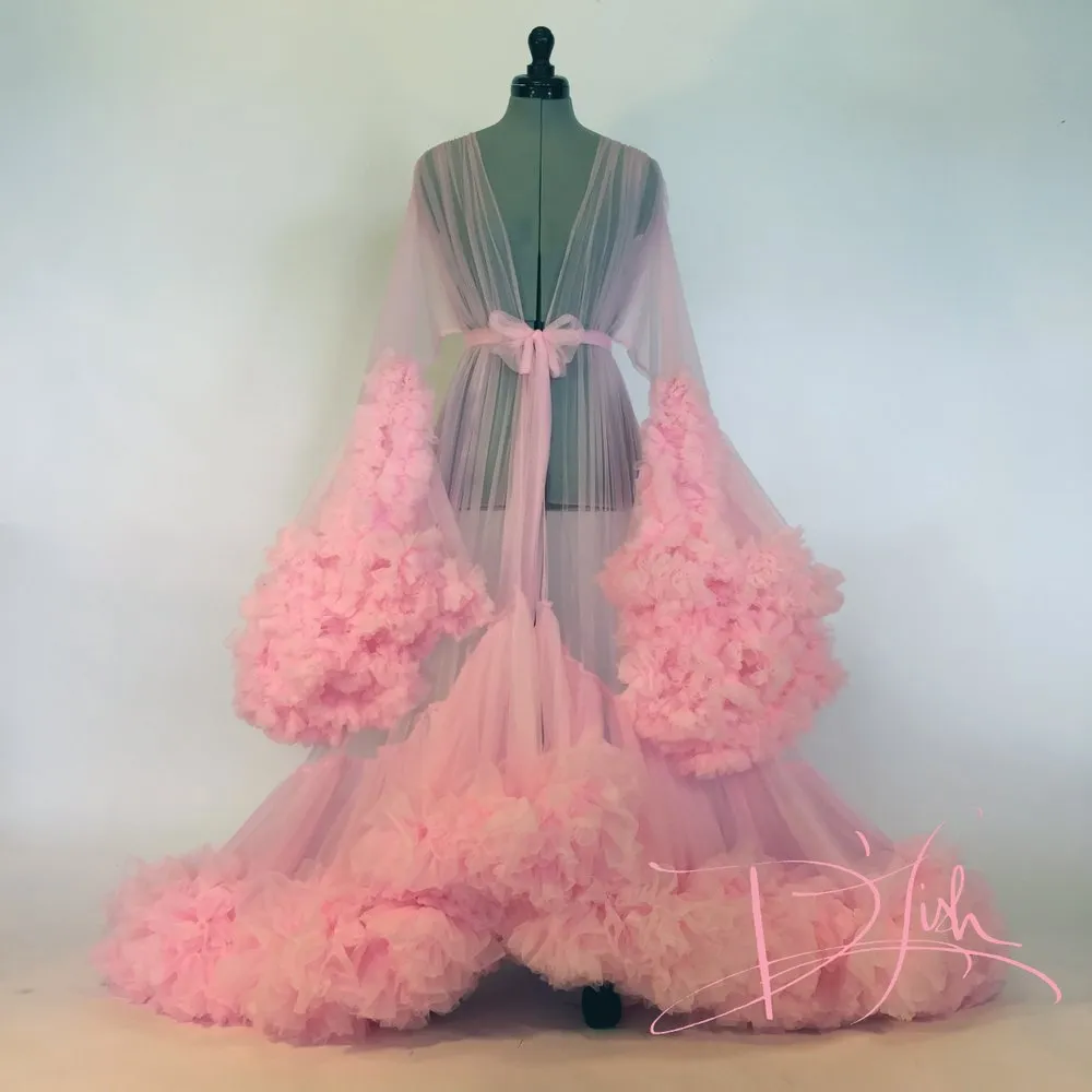 Plus Size Bridal Party Robes, Pink Long Robe Sheer Tulle Illusion Robe ...