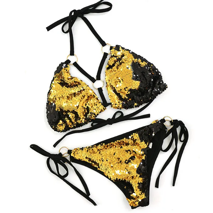 Shiny Glitter Sequin Halter Sequin Bikini Set Sexy Brazilian Swimwear ...