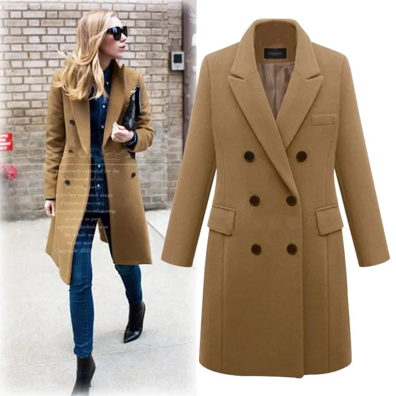 Élégant Col Rabattu Chaud Hiver Laine Mélanges Femme Noir Poches Long ...