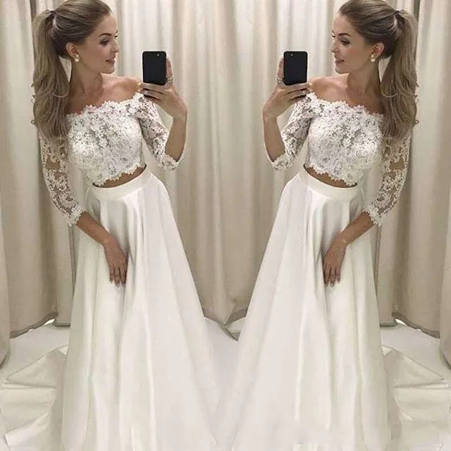 White Two Piece Long Sleeve Satin Wedding Dress with Lace ...