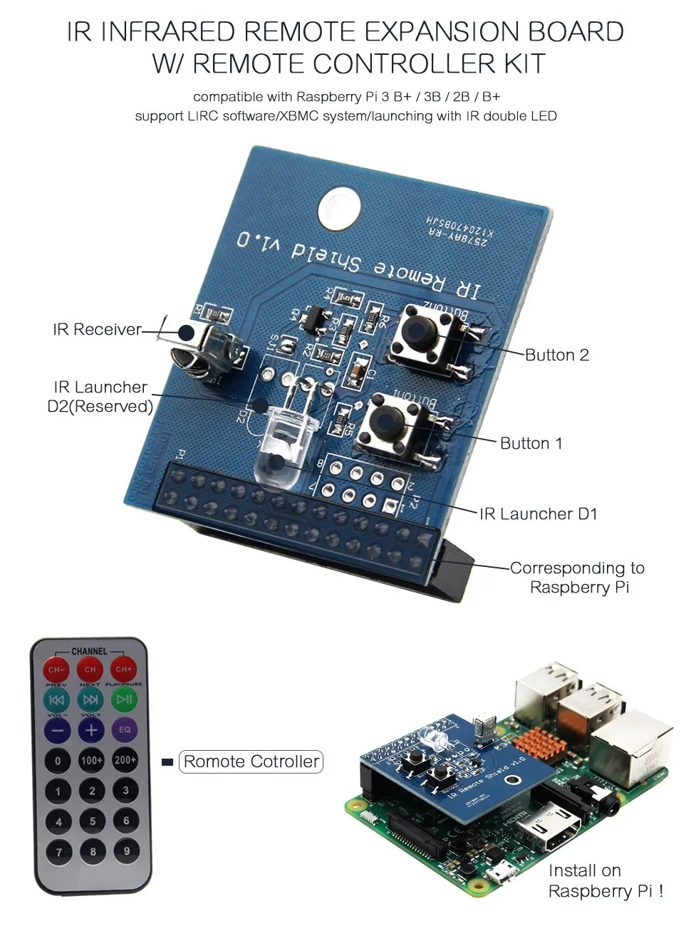 Raspberry Pi 3 B+ IR Remote Infrared Expansion Board + Remote ...