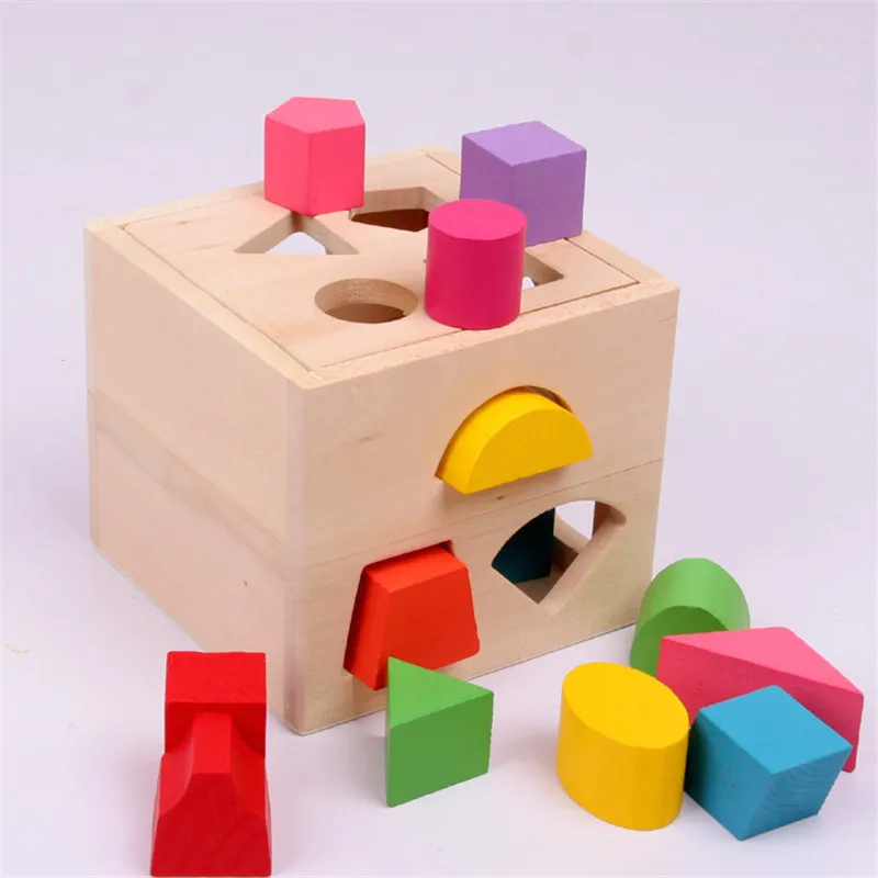 13 Holes Wooden Shape Sorter Toy Box with Geometric Blocks for Kids ...