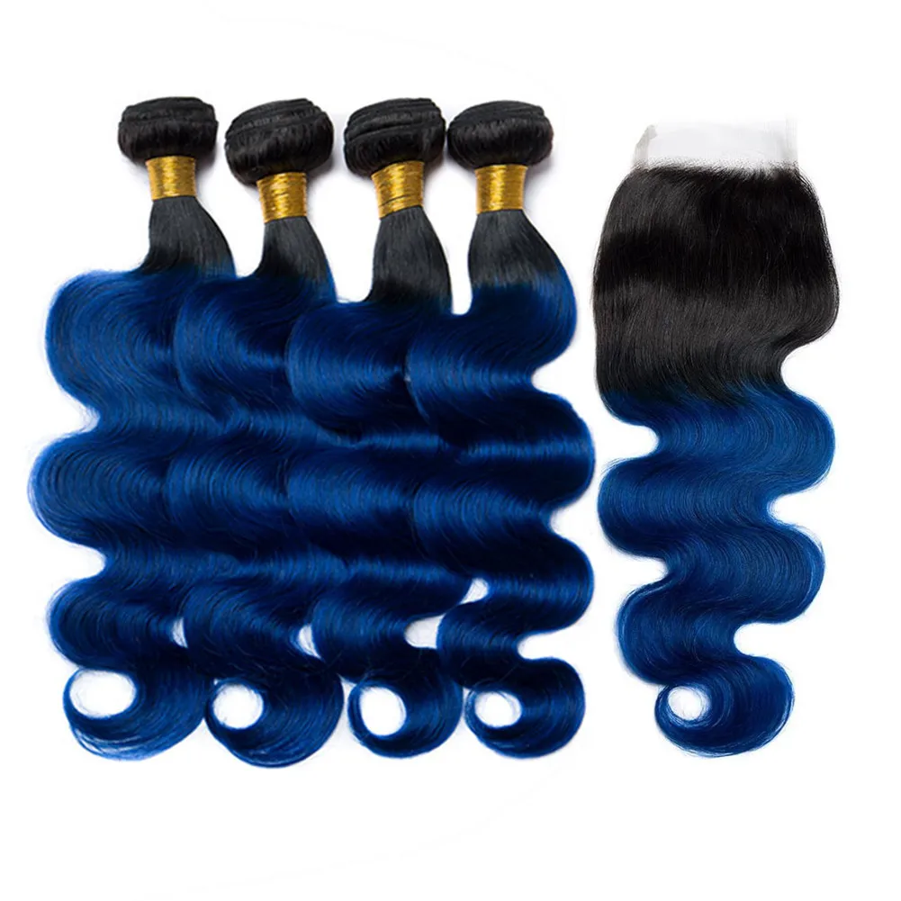 1B Blue Ombre Human Hair Weave Bundles with 4x4 Medium Brown Lace ...