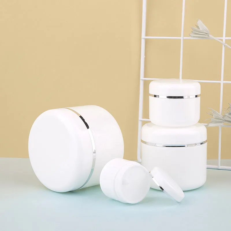 Silver Edge White Plastic Cosmetic Jar with Inner Liners and Dome Lids ...