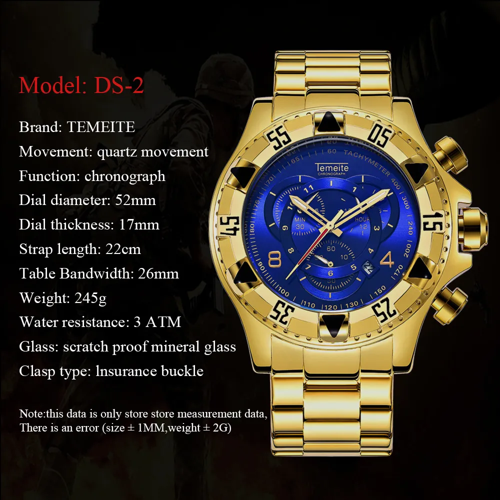 DHgate.com:Temeite Men's Gold Chronograph Watch: Waterproof Sports ...