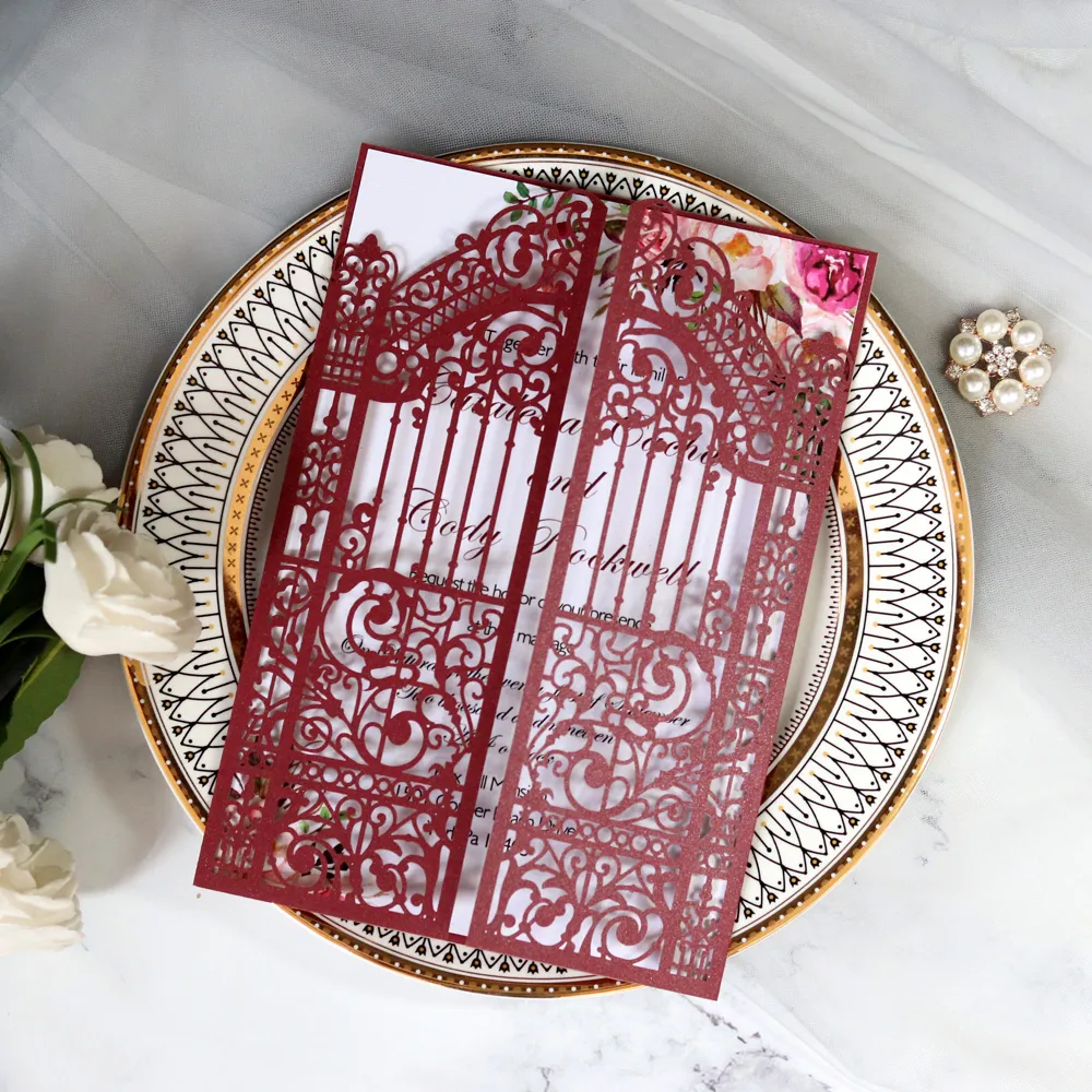Elegant Laser Cut Marsala Wedding Invitations with Envelopes, Printable ...