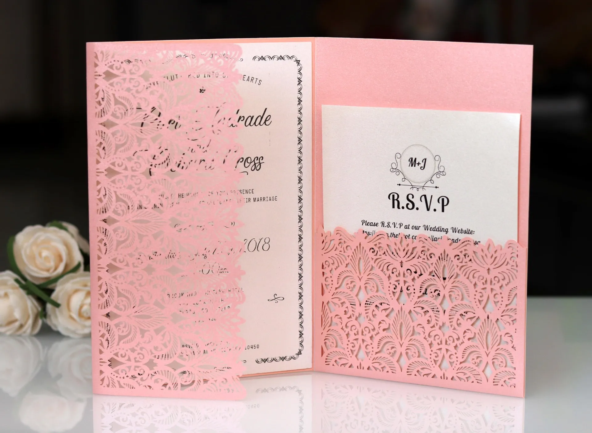 Elegant Laser Cut Wedding Invitations: Pink Floral Design, RSVP Cards ...