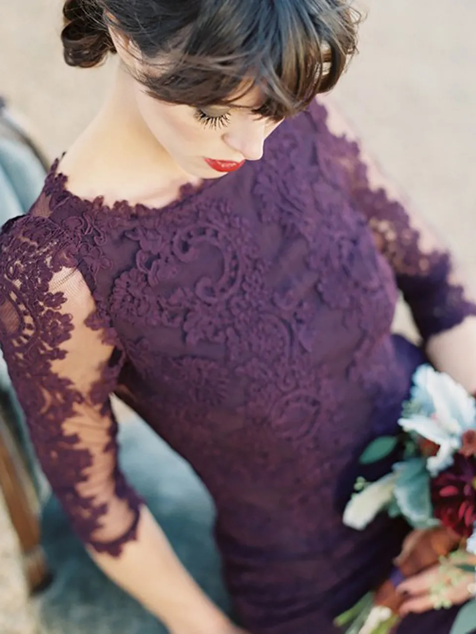 Purple 3/4 Sleeve Mermaid Bridesmaid Dress Floor-Length Formal Dress ...