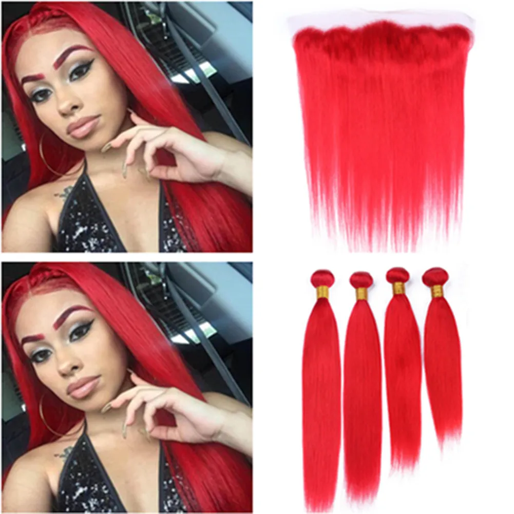 Peruvian Straight Red Weaves Human Hair 4 Bundles With Frontal Closure ...