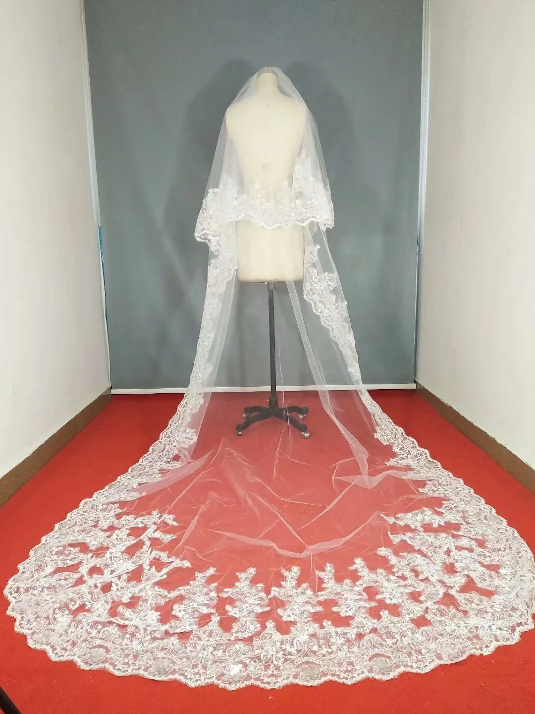 Stunning 3M Cathedral Cathedral Length Lace Veil With Lace Applique And ...