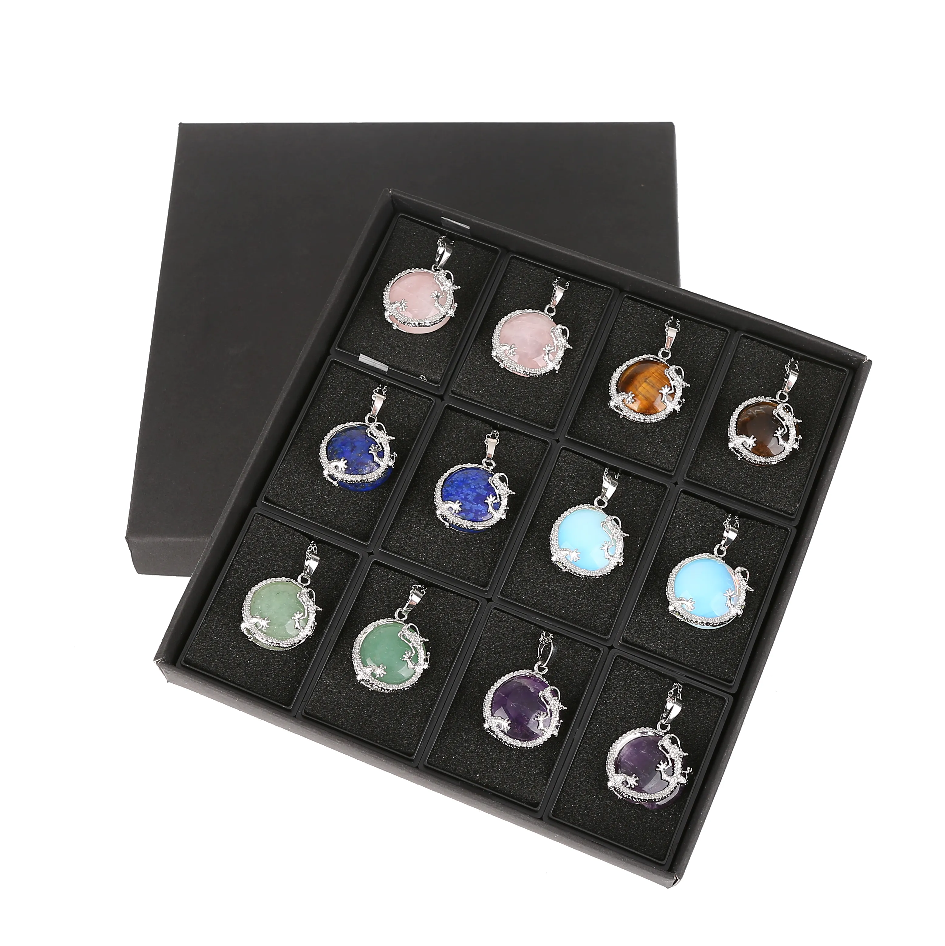12 Random Stone Alloy Plate Dragon Gemstone Pendant Necklace for Men ...