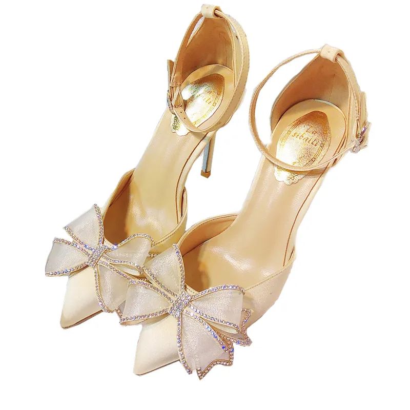 Sexy Satin Maille Bow Strass Haut Chaussures Bout Pointu Talon Nue Arc ...