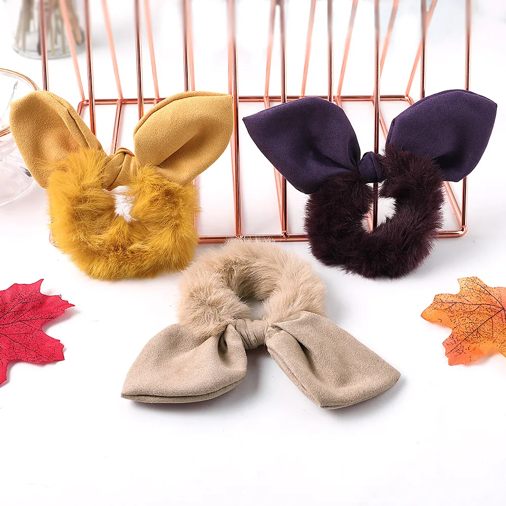 Hair Bun Scrunchie Set: Bow Headbands For Women, Elastic Faux Fur Hair ...