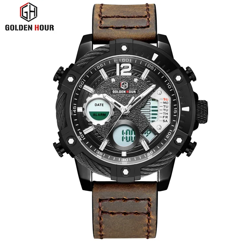 GOLDENHOUR Sport Men's Digital Watch: Stylish Leather Wristwatch For ...